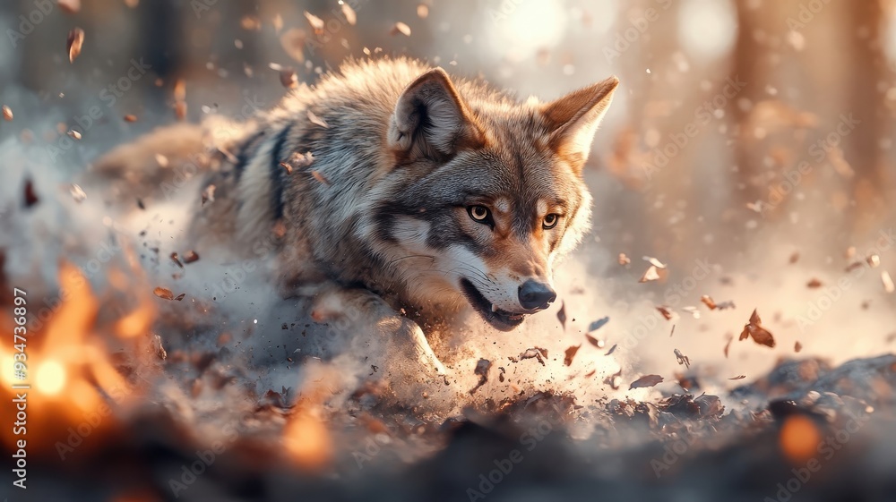 Dramatic scene of a wolf moving through a forest engulfed in flames and ...