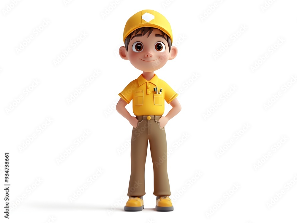 Full Body 3D Animated Janitor Boy in Uniform Standing on Clean White ...