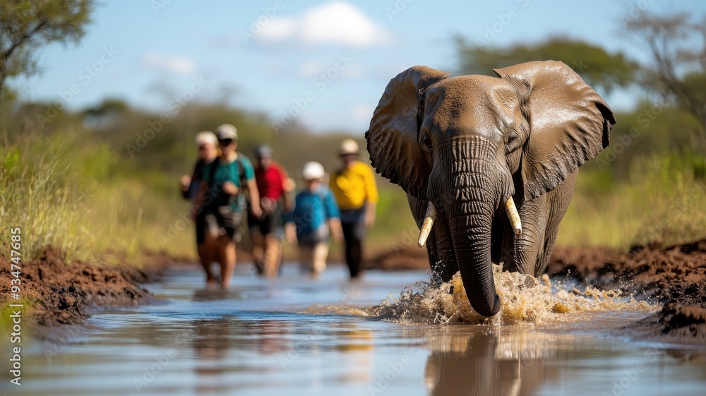 Elephant interacting with diverse people in a natural setting, showing ...