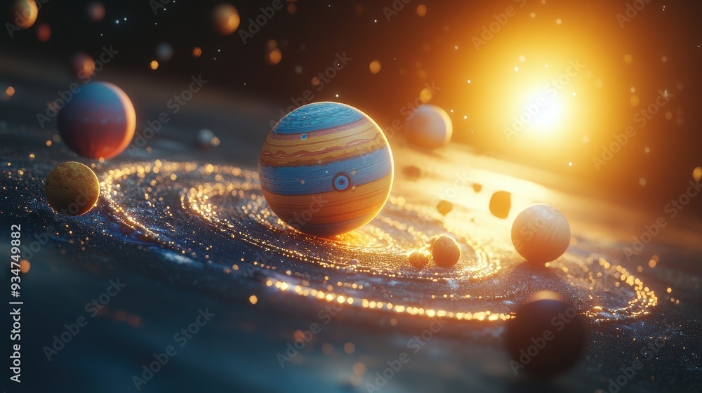 Futuristic 3D Space Scene with 2D Planets in Orbit, Blending Flat ...