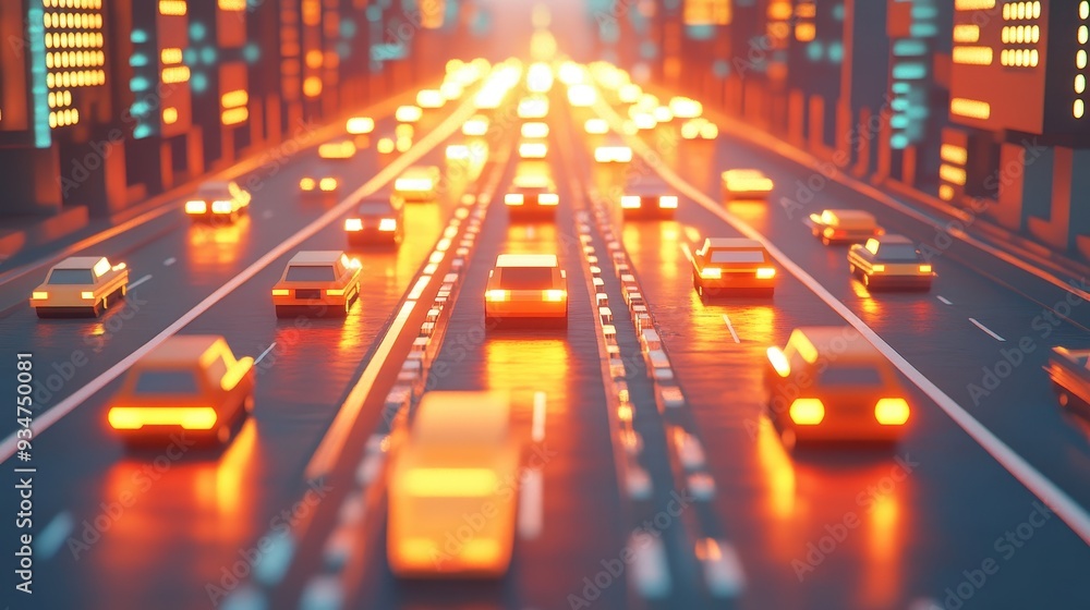 Retro-Futuristic 3D Highway with Modern 2D Vehicles Speeding Through ...