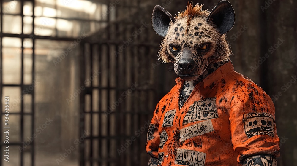 Bold Anthromorphic Hyena in Orange Prison Costume: A Gritty Poster for ...