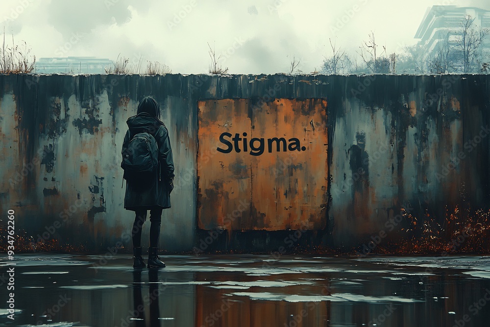 Wall of Stigma surreal image of person standing before tall imposing ...