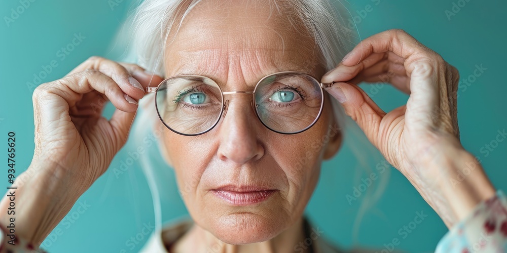 Middle-aged woman taking off her glasses, feeling discomfort or hazy ...