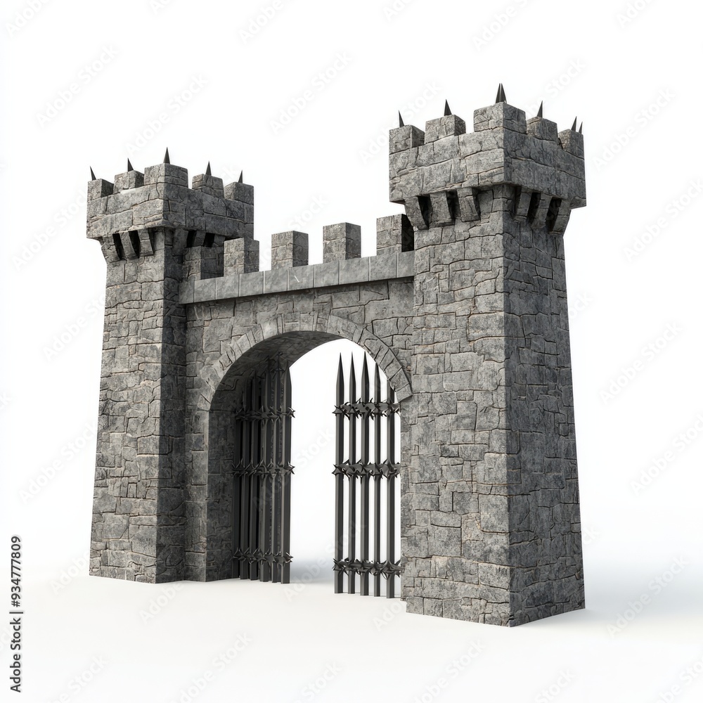 3D Render of a castle gate with a heavy drawbridge and spiked ...
