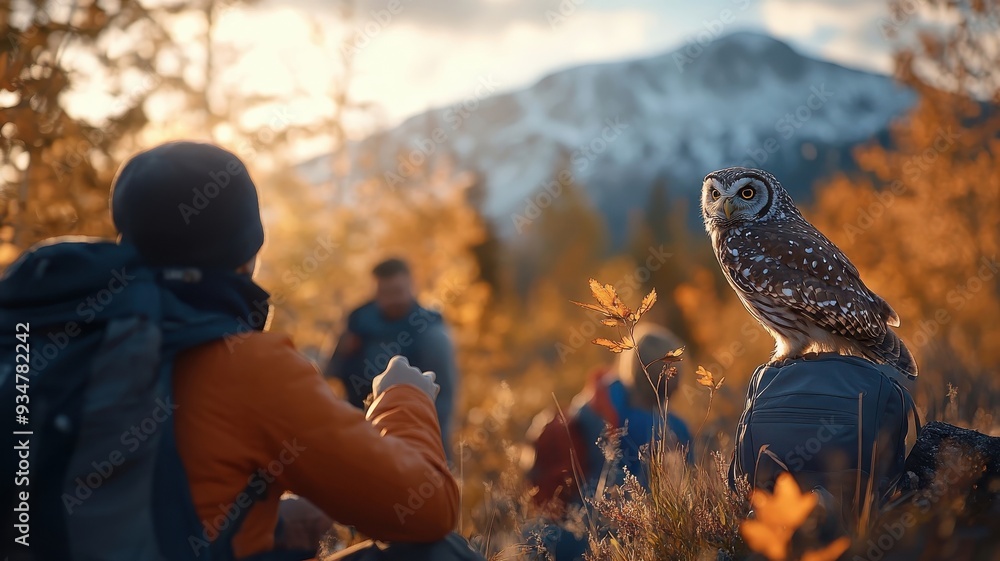 Intriguing scene of an owl interacting with diverse people in a natural ...