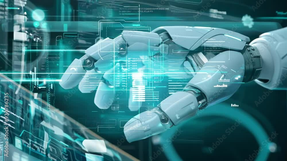 A futuristic robotic hand interacting with digital technology ...