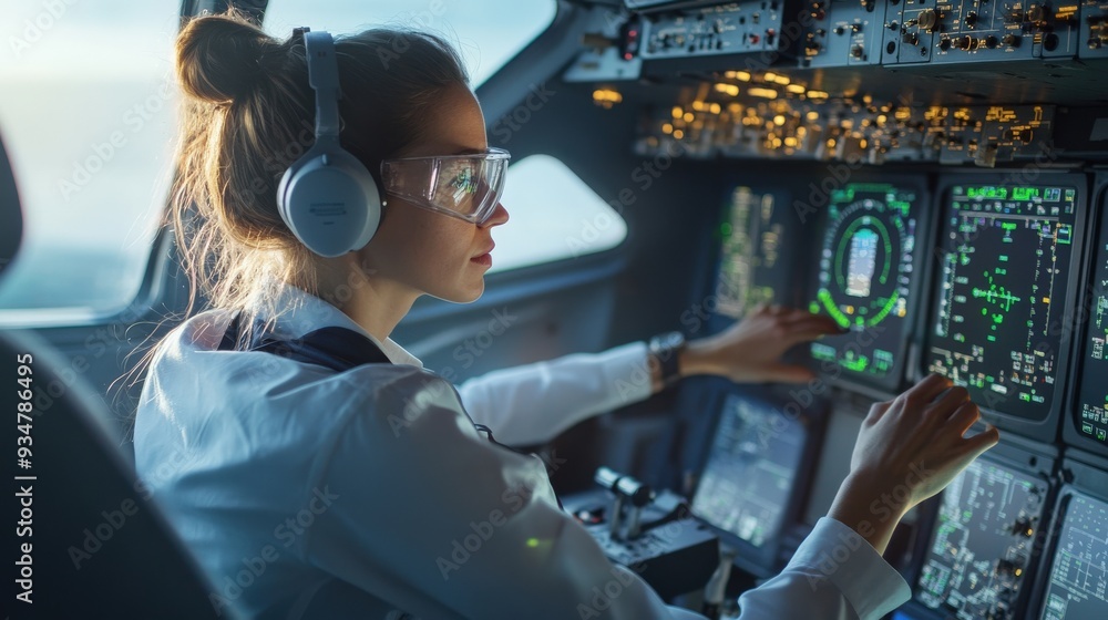 Female aircraft engineer working on avionics system inside a modern aircraft cockpit, screens ...