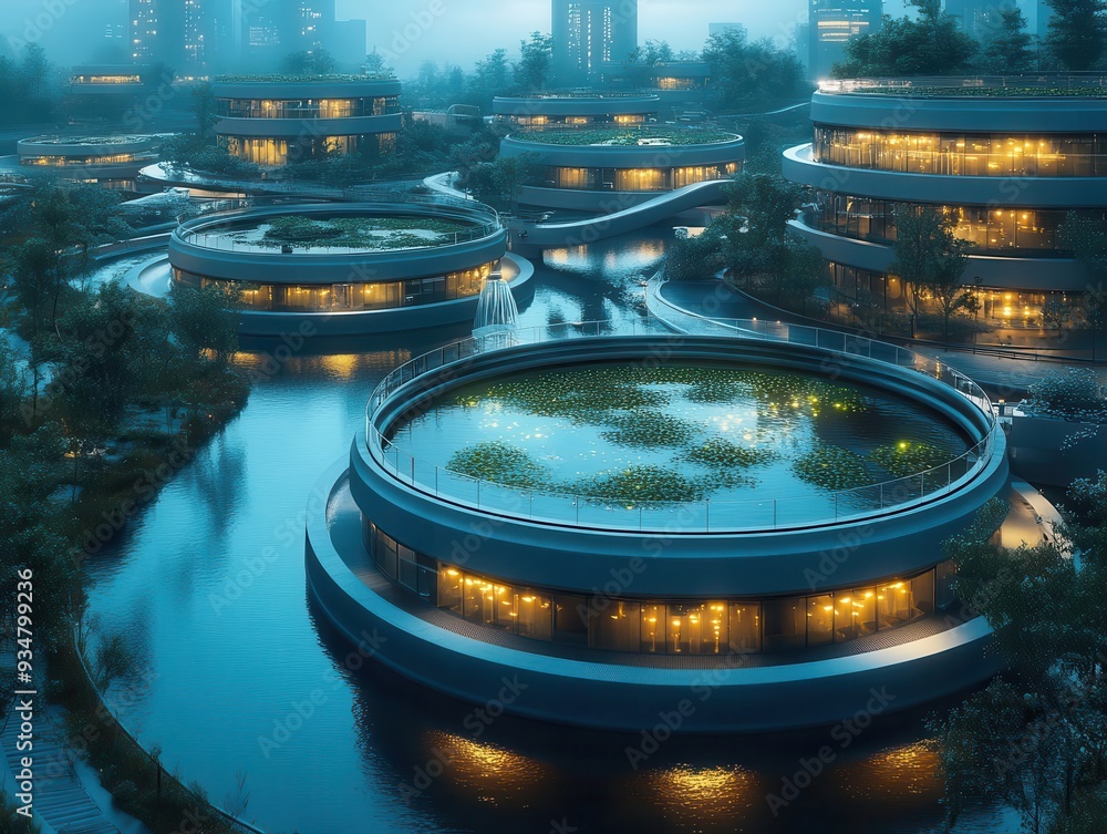 futuristic water treatment facility with bioluminescent algae tanks ...