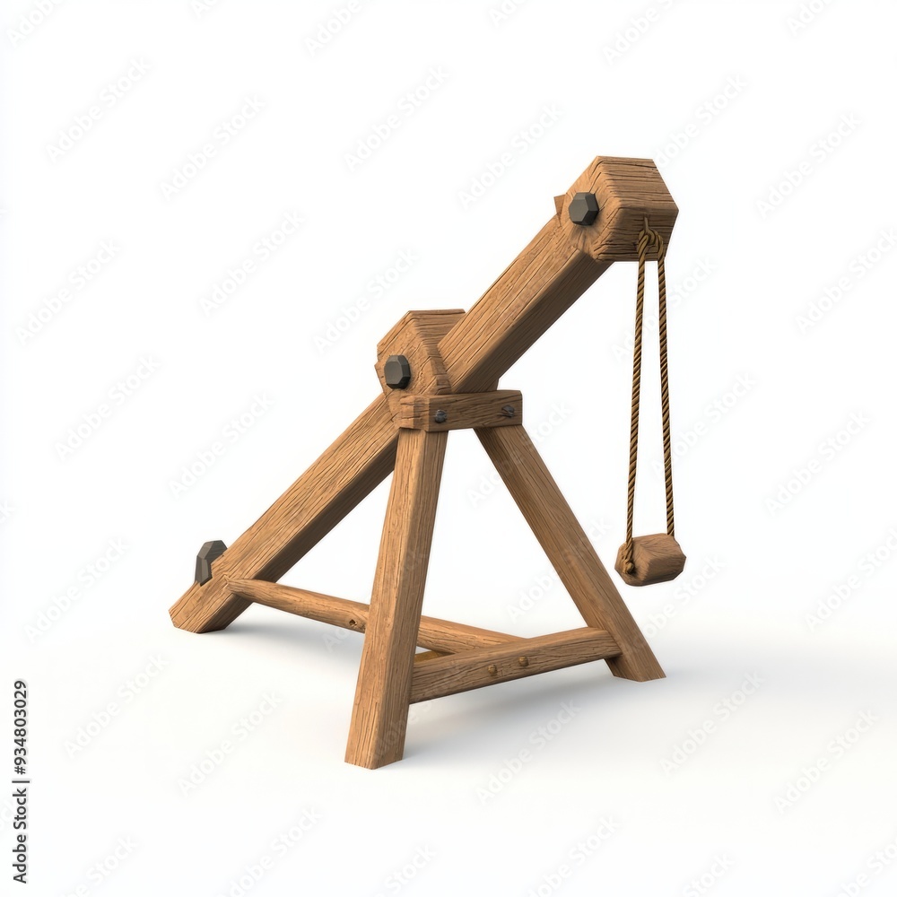 3D Render of a mangonel catapult with a wooden arm poised to release ...