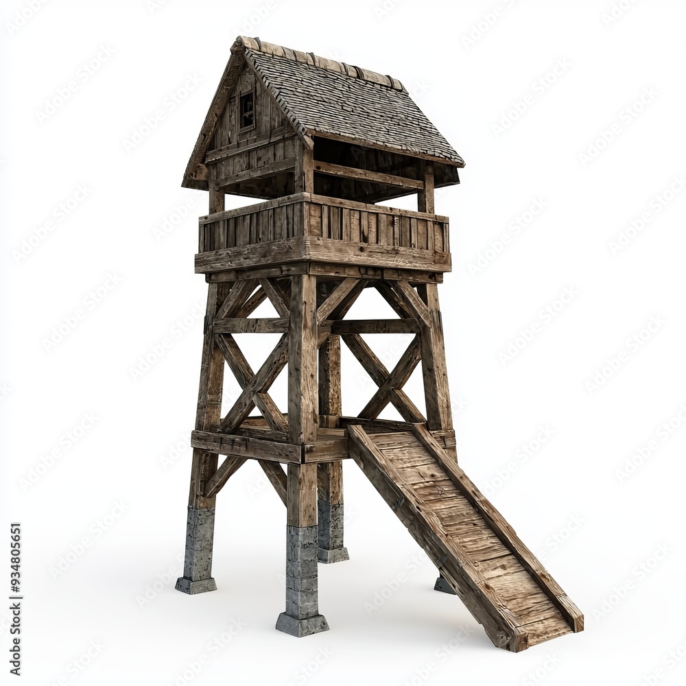 3D Render of a wheeled siege tower with an extended bridge for boarding ...