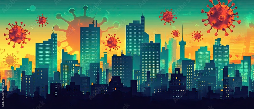 Epidemic flat design featuring a cityscape with overlaid virus symbols ...