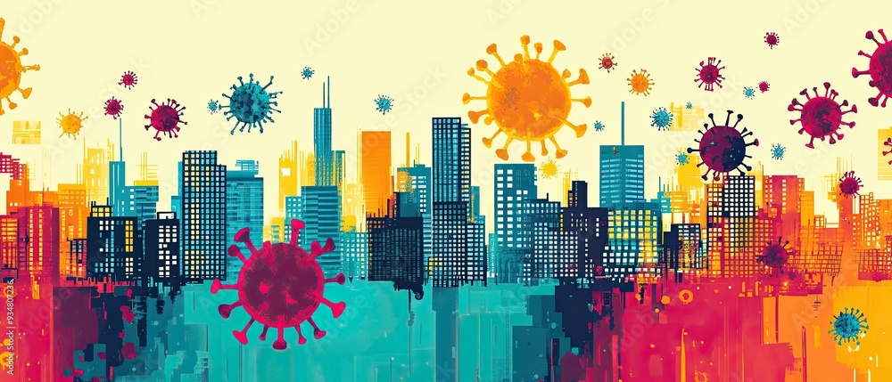 Epidemic flat design featuring a cityscape with overlaid virus symbols ...