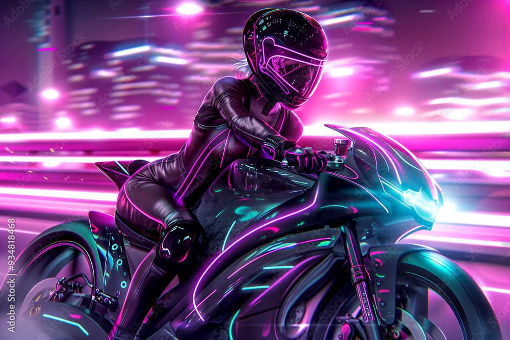 A woman is riding a motorcycle in a neon city. The image has a ...
