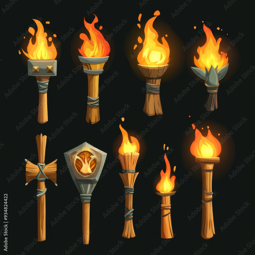 Vector set of medieval torches with flames, including ancient metal and ...