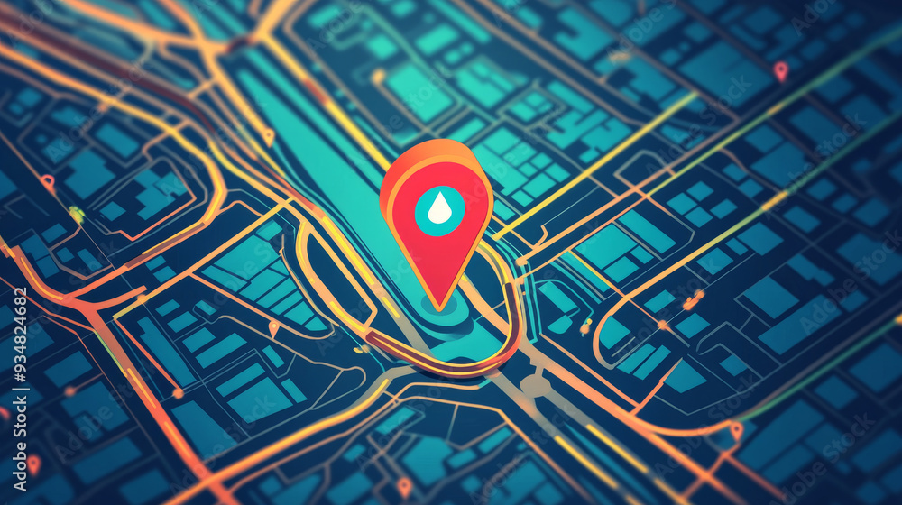 City map navigation interface with a GPS screen showing street roads ...