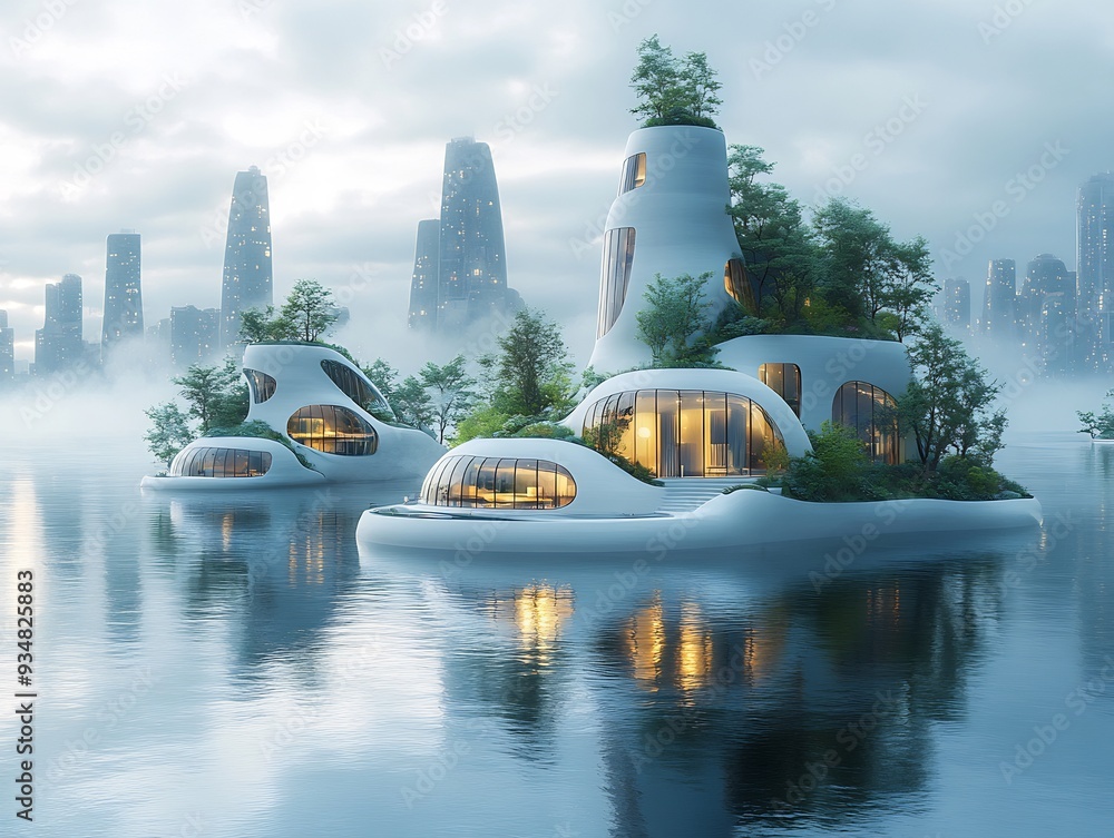Futuristic city floating on the water powered by renewable energy ...
