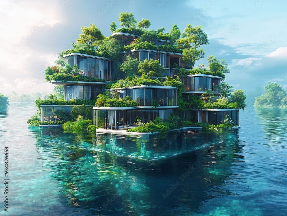 Futuristic city floating on the water powered by renewable energy ...