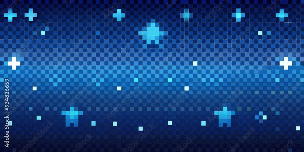 Pixel art style background with dark blue backdrop, stars, and squares ...