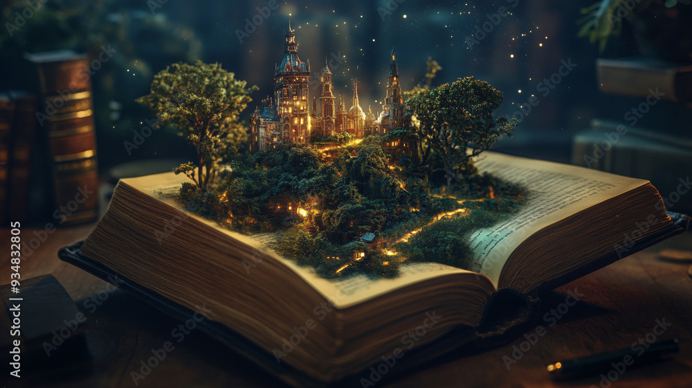 A fantasy world depicted inside an open book, illustrating the concepts ...