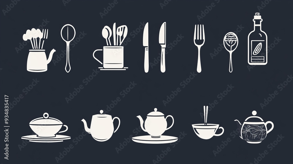 Collection of food, restaurant, and silverware icons, logos, or symbols ...