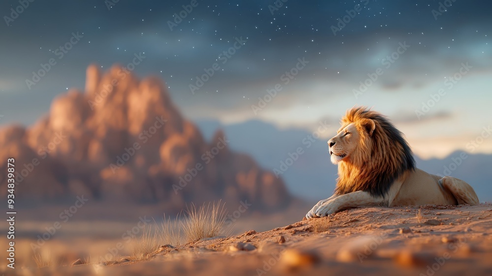 Majestic lion resting under a starry night sky in the desert, with ...
