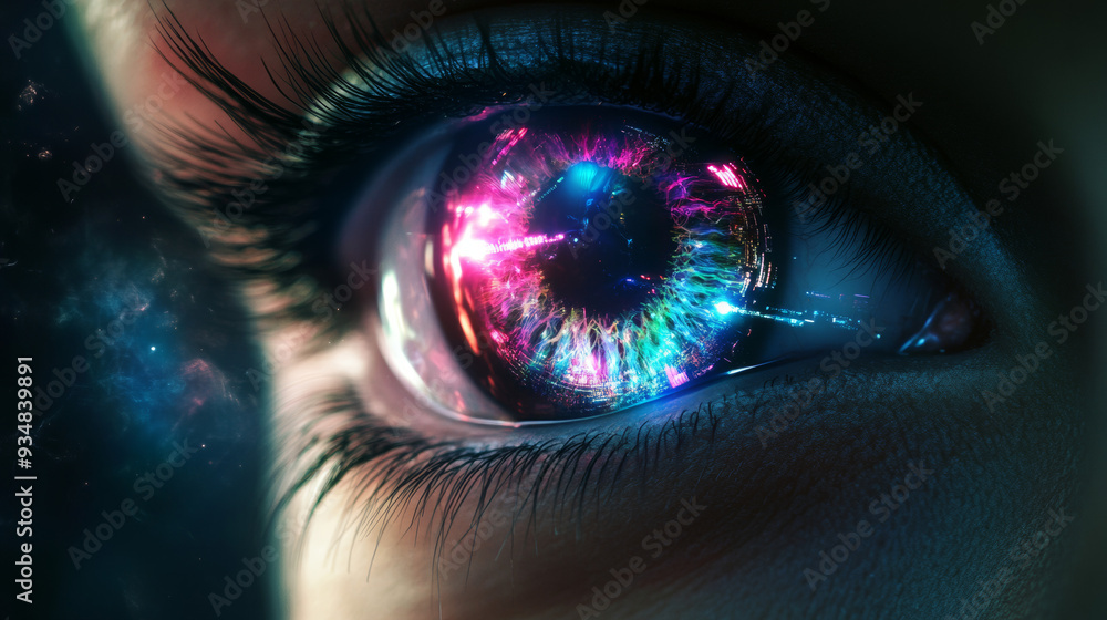 Cutting-edge AI woman's eye featuring technology in shades of pink ...