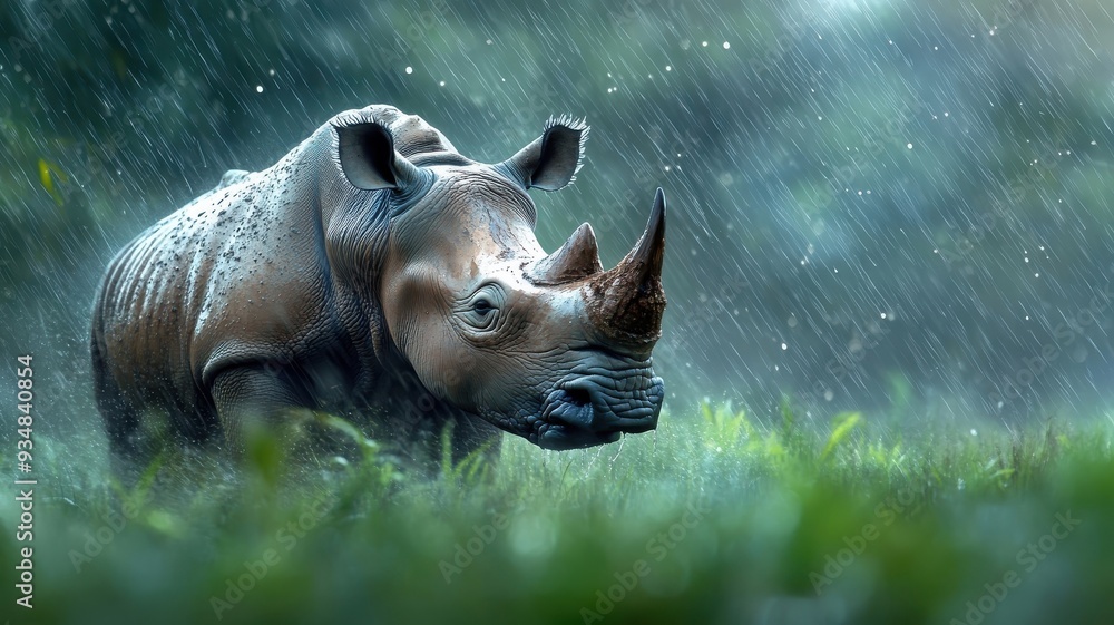 Rhinoceros navigating through a rain-drenched savanna, with raindrops ...