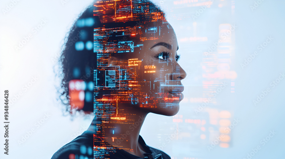 Empowering Technology: A Woman's Face Embraces Digital Code ...