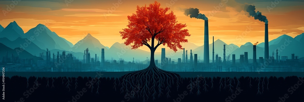 Vector art of a tree with roots shaped like factory smokestacks ...