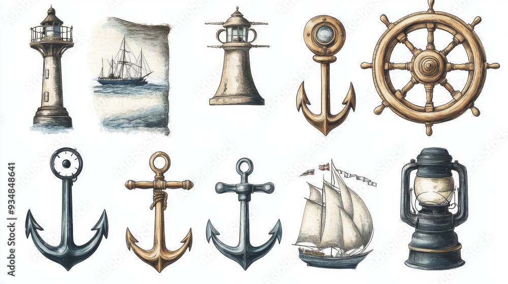 Collection of nautical or maritime icons featuring an anchor, ship's ...