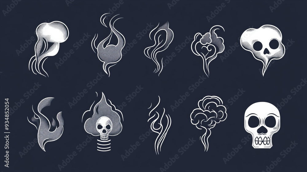 Vector line icons representing smell, including smoke, steam, and nose ...