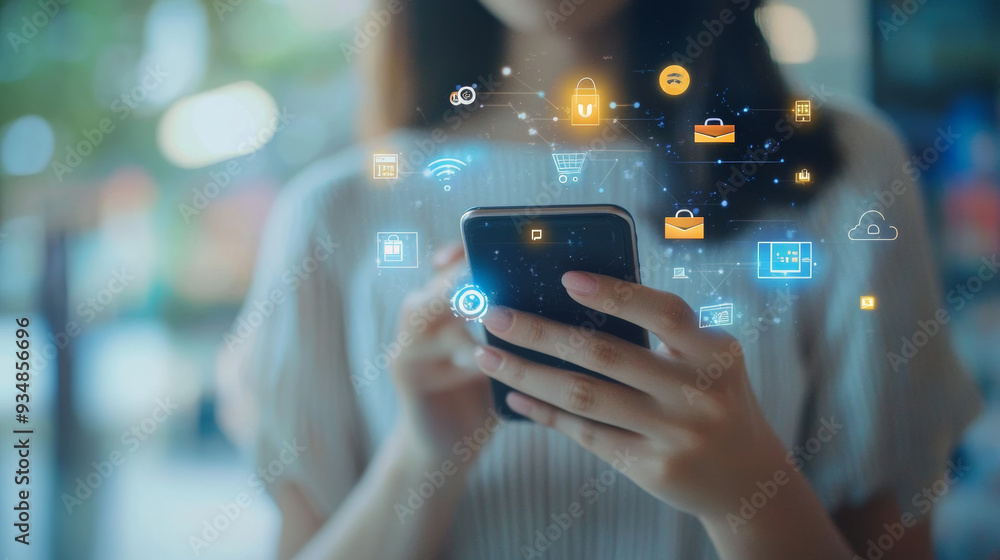 Internet of Things (IoT) technology concept, depicting a woman ...