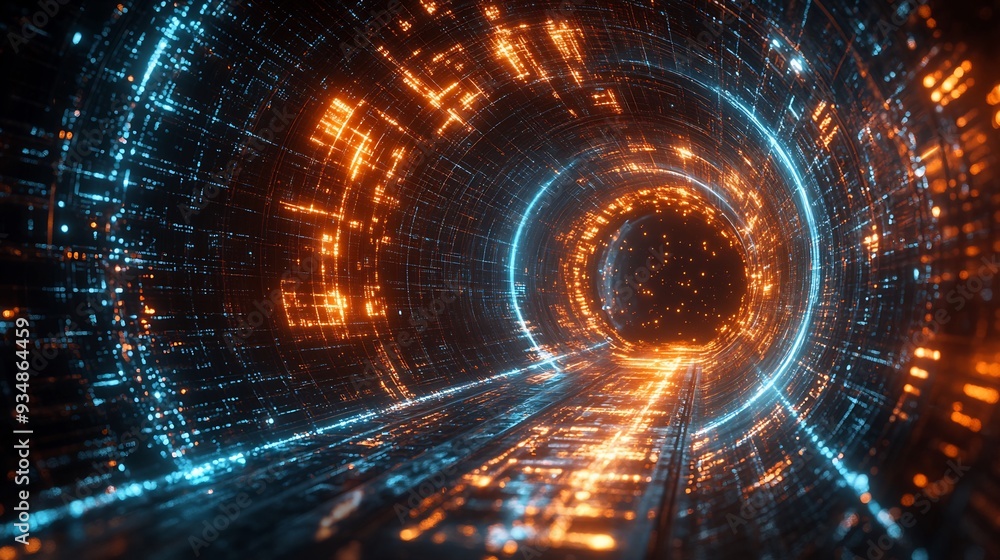 Vector illustration of a black hole where a 3D wormhole extends out with 2D particles being ...