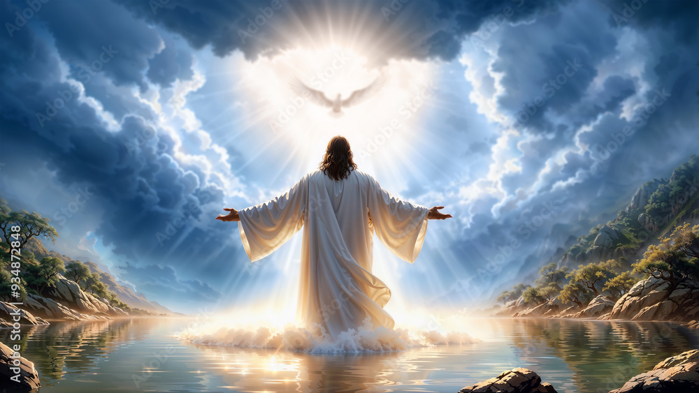 Art illustration bible scene concept. As soon as Jesus was baptized in ...