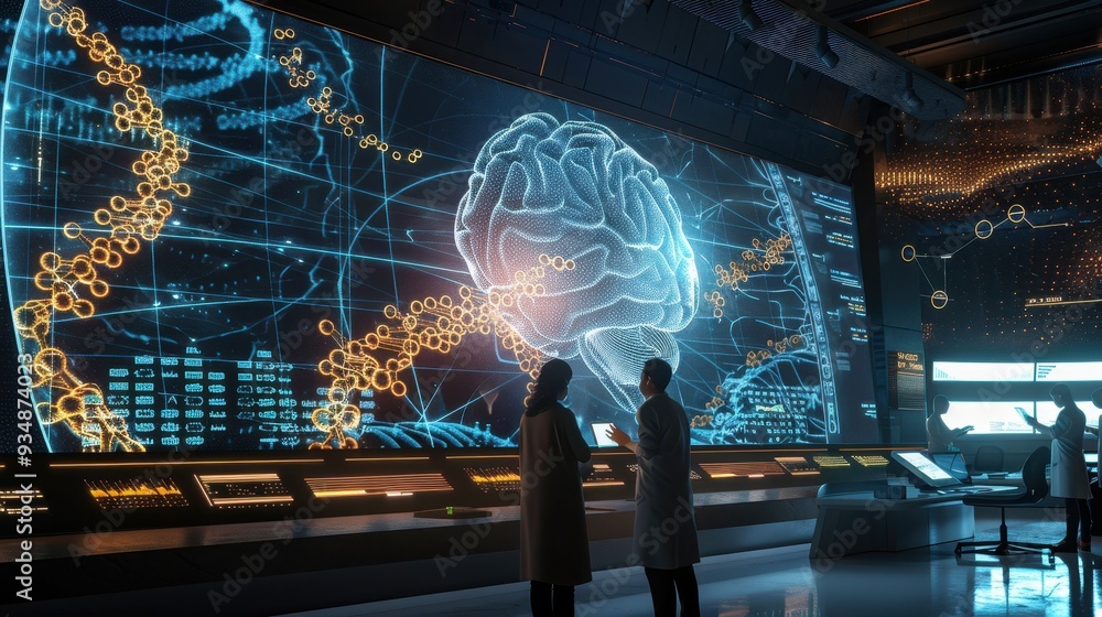 Detailed map of a human genome displayed on a large digital screen ...