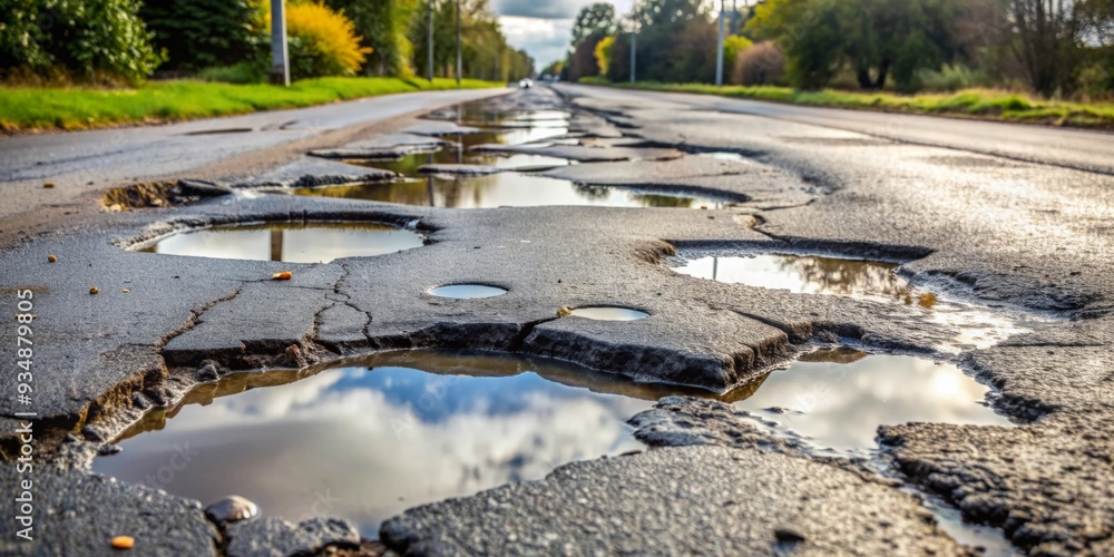 Image of potholes on a road filled with rainwater, showing the ...