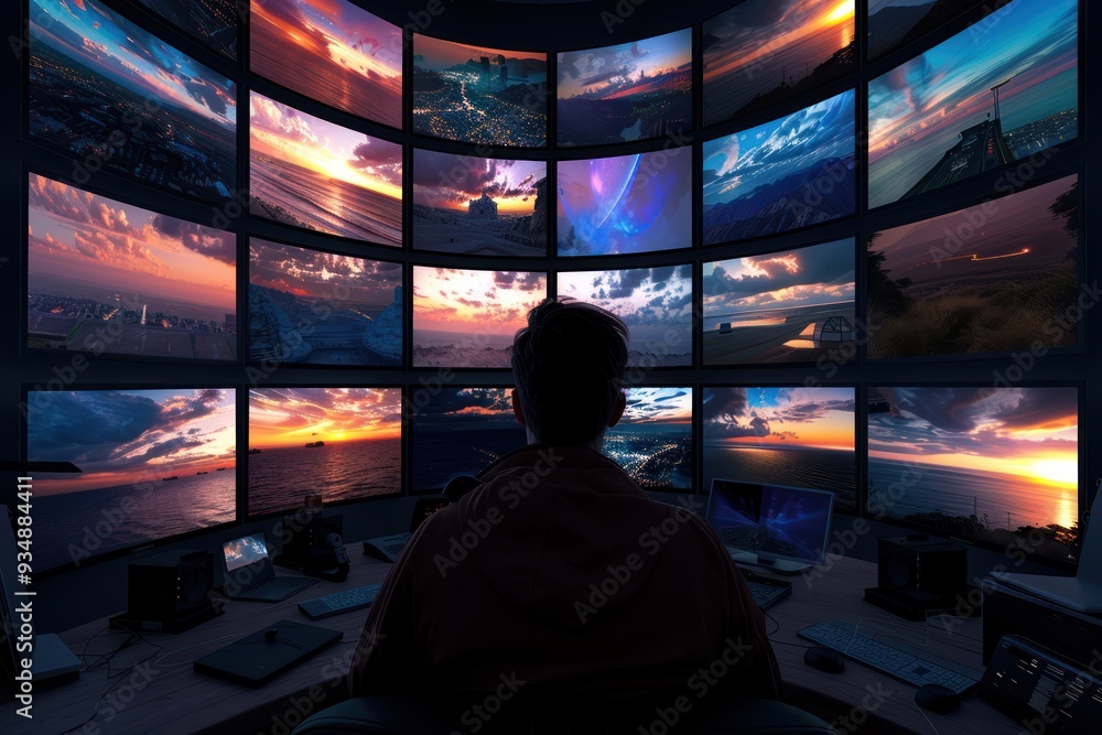 Multitasking Control Center: Futuristic Man Monitoring Multiple ...