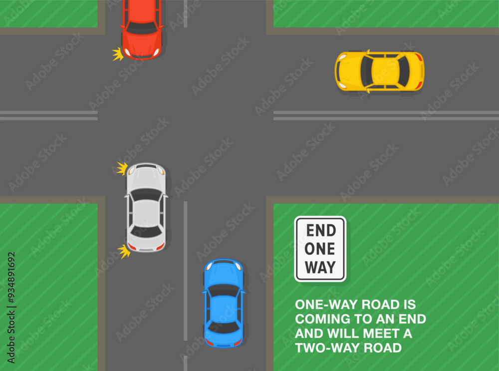 Safe driving tips and traffic regulation rules. One-way road is coming to an end and will meet a ...