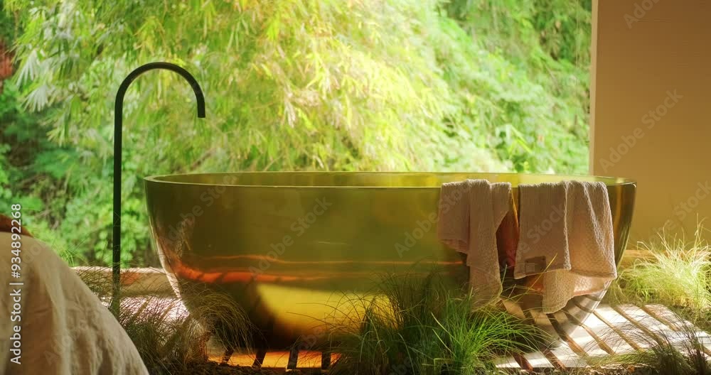 Luxurious glass bathtub with reflection is standing against the ...