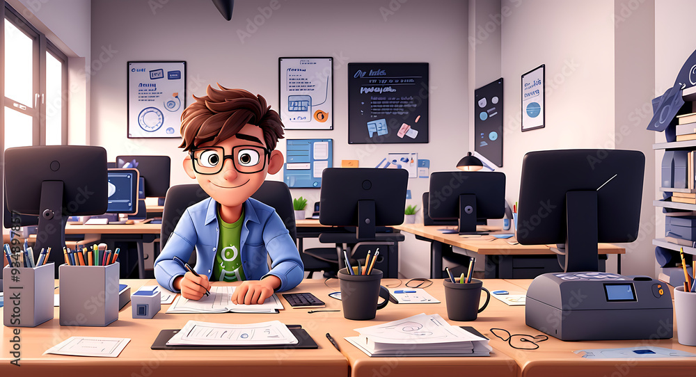 Illustration of a Young Entrepreneur Working Late in a Modern Co ...