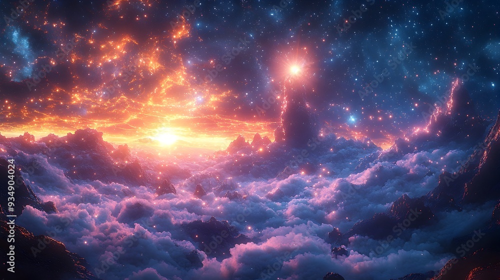 Expansive galactic panorama showcasing glowing celestial bodies ...