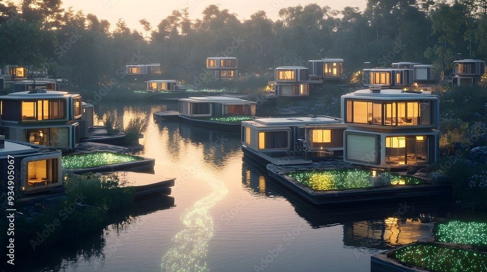 Floating eco-village on a tranquil lake with interconnected modular ...