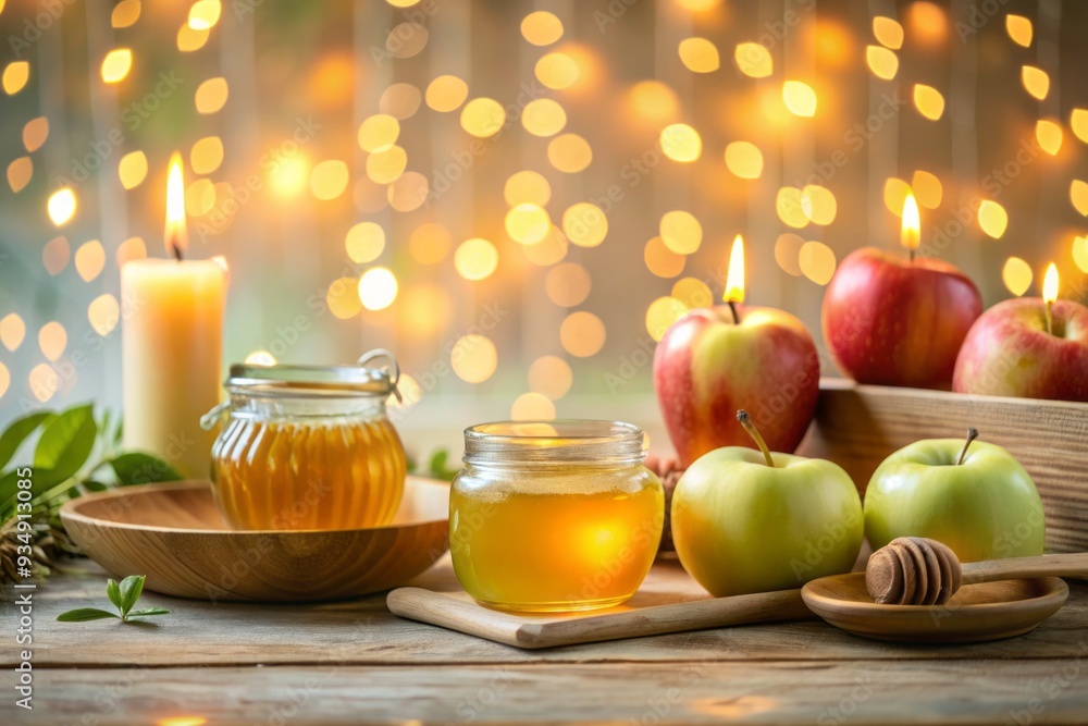 serene still life of traditional Yom Kippur foods with apples beeswax candles and honey in ...