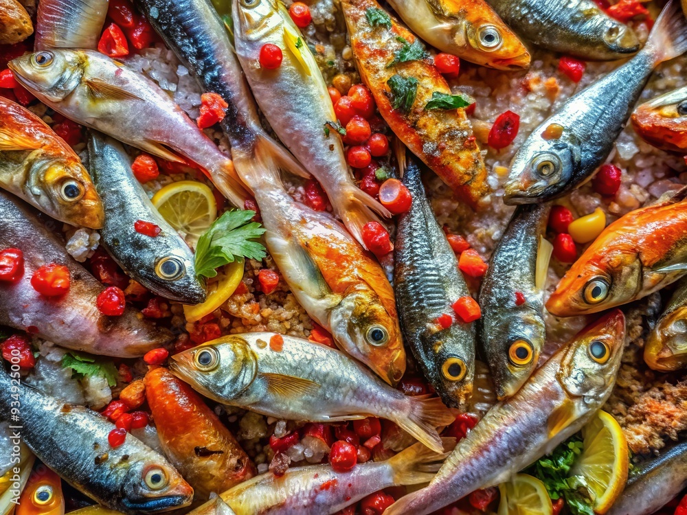 Salted fish mix sprawls across the frame, vibrant orange and crimson ...