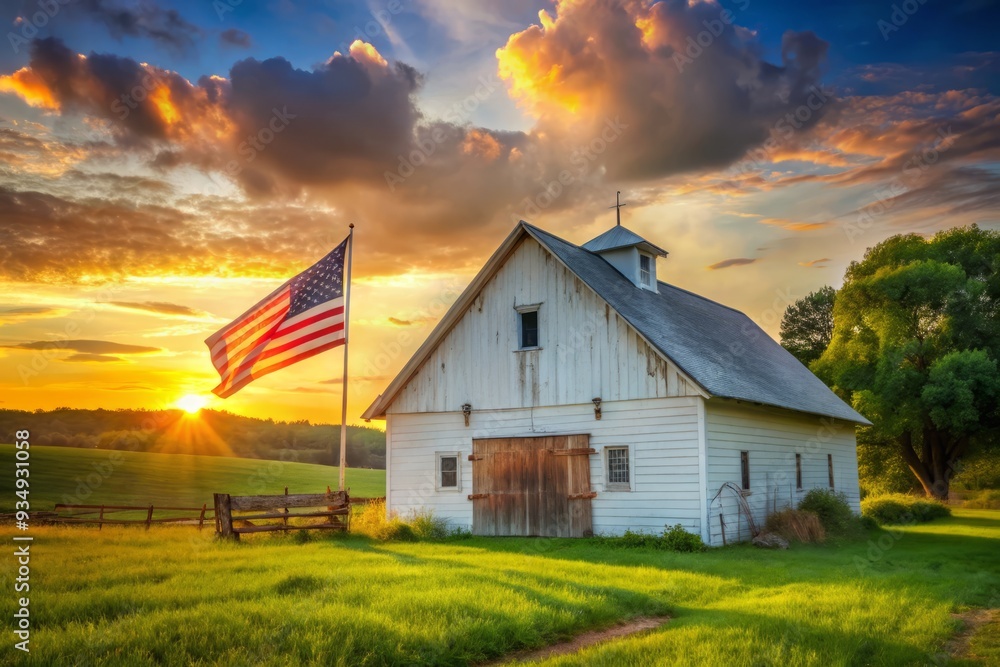 "Rustic white barn with worn wooden doors, American flag proudly waving ...