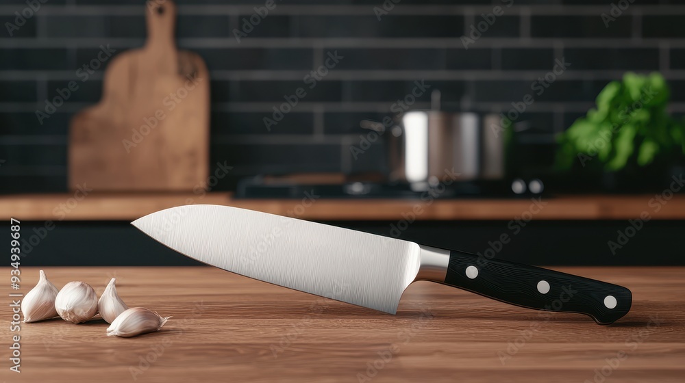 Chef’s knife on a wooden kitchen counter with garlic cloves in a modern ...