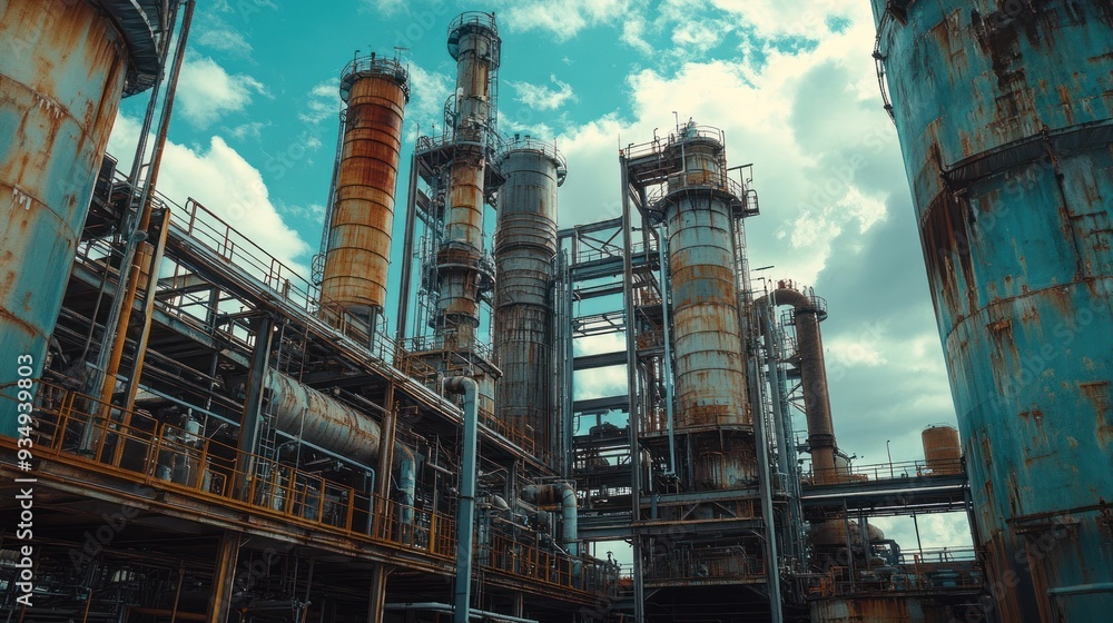 A heavy-duty industrial chemical plant, featuring rugged machinery and ...