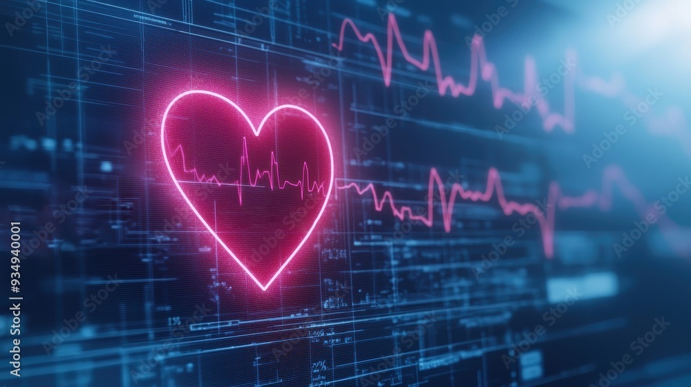 Holographic heart with ECG lines against a dark digital interface ...