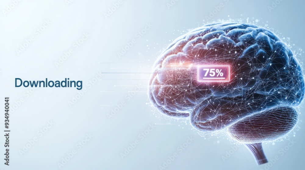 Human brain with downloading progress bar and digital interface ...